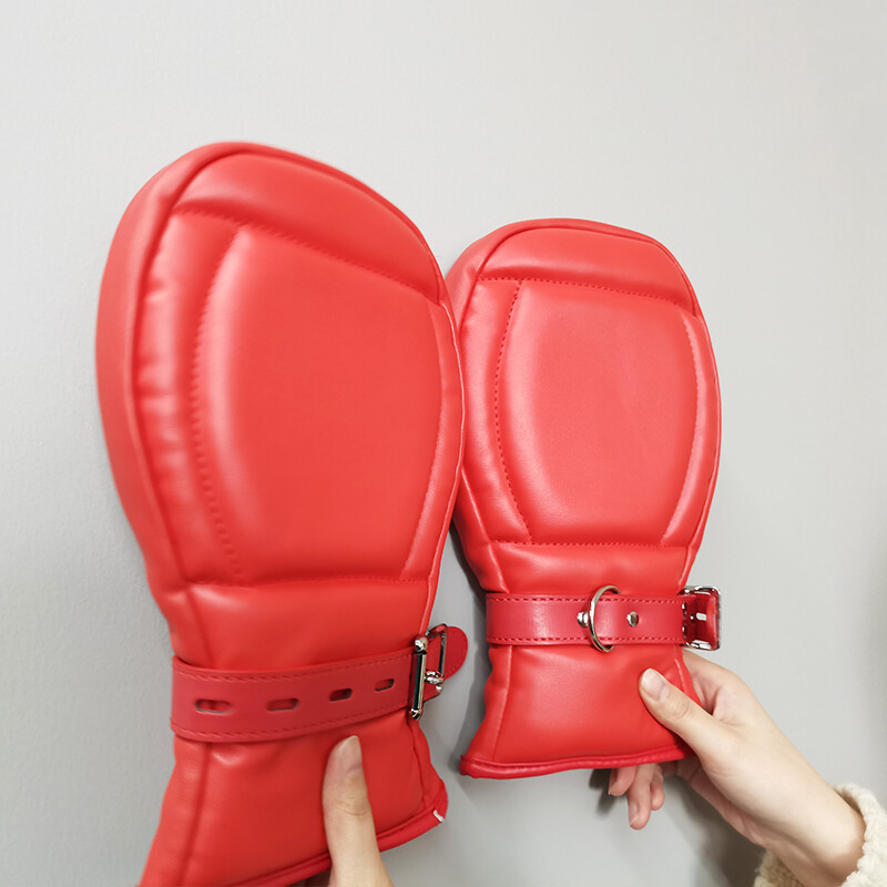 PU leather Red Handcuffs Soft Gloves Lock Mittens Binding Restraint for ...