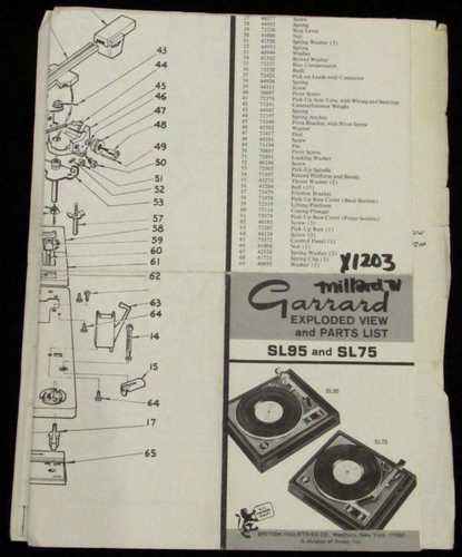 Garrard SL95 SL75 Turntable Phono Exploded View Parts List Service ...