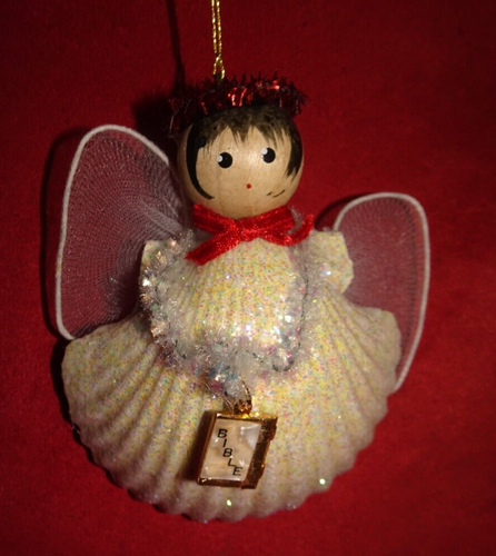 Vintage Handmade Christmas sparkly Clam Shell Angel Ornament holding ...