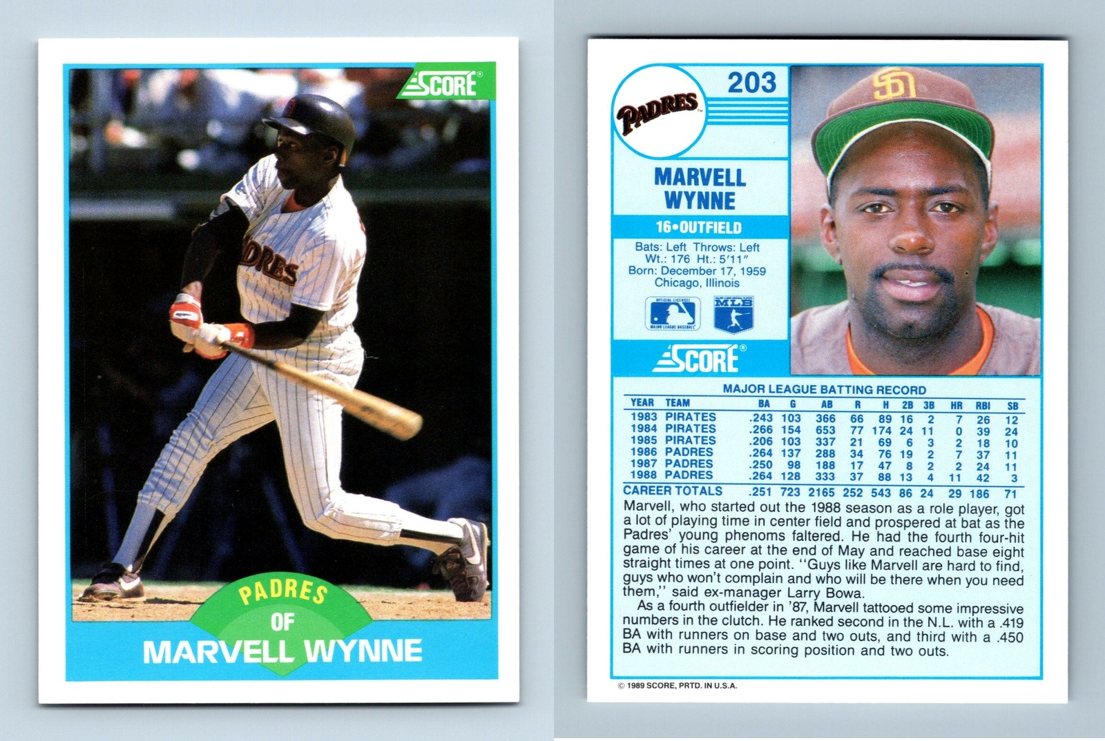 Marvell Wynne - Padres #203 Score 1989 Baseball Trading Card | eBay