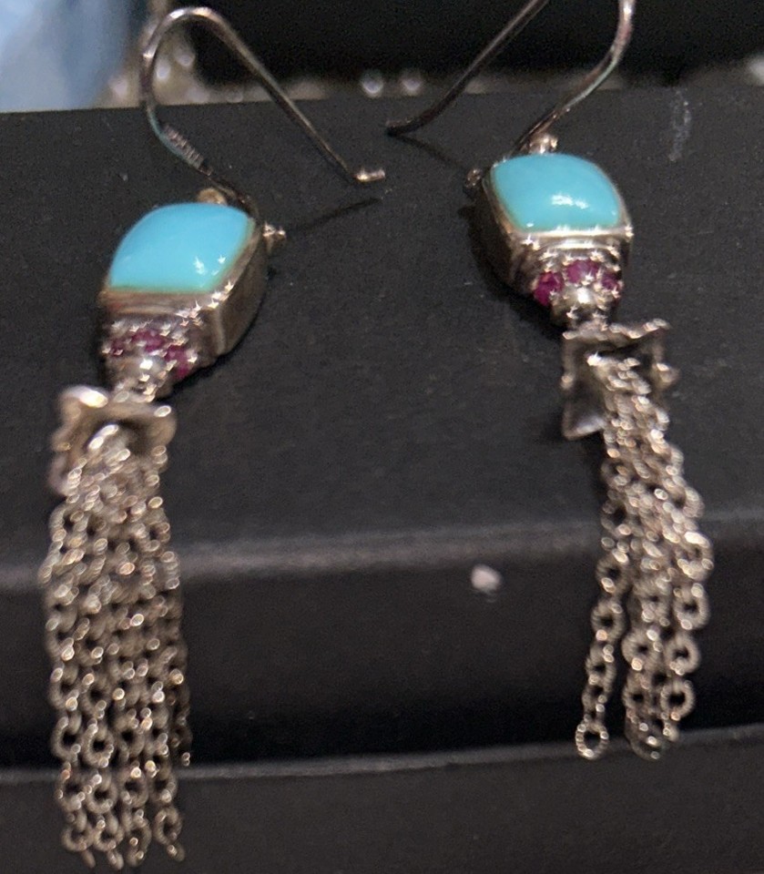 Genuine Turquoise And Ruby Earrings From Thailand Set In Sterling ...