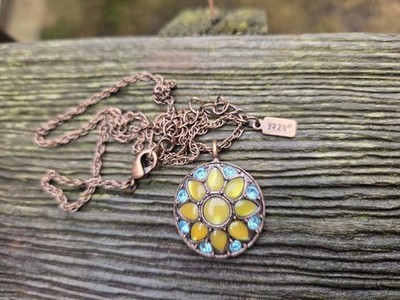 1928 Necklace Sun Flower Yellow Blue Copper Tone Moon Glow Celestial ...
