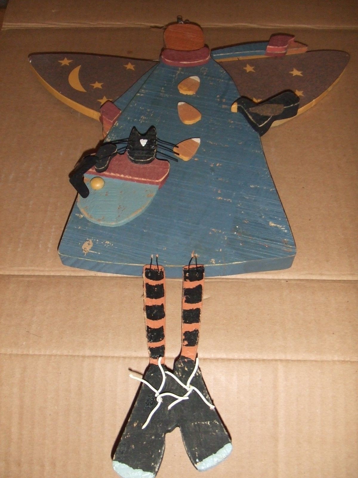 WOODEN HALLOWEEN FOLK ART CRAFT CANDY CORN ANGEL WITH BLACK CAT | eBay