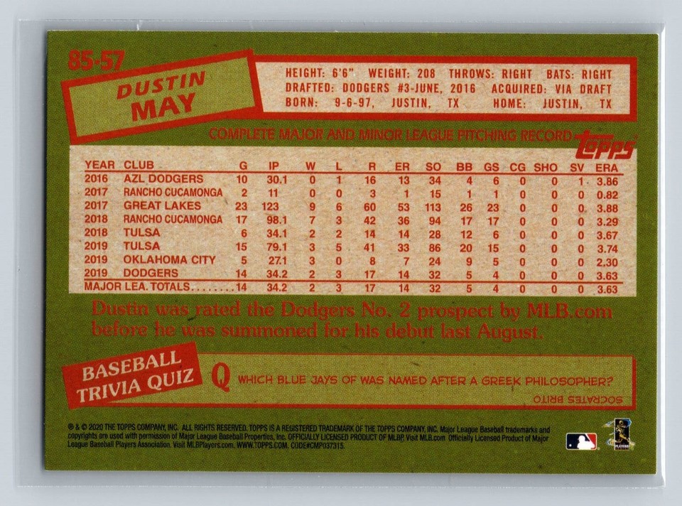 2020 Topps Dustin May 35th Anniversary Rookie 85-57 | eBay