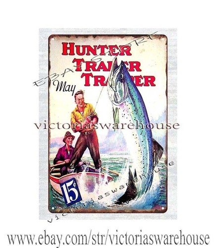 garage decor tips Hunter Trader Trapper 1938 fishing boat trout metal ...