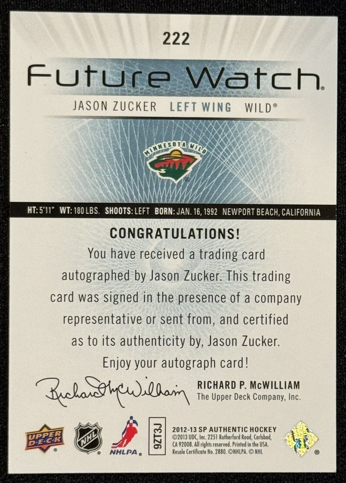 2012-13 SP Authentic Future Watch Auto Rookie Jason Zucker /999 Wild ...