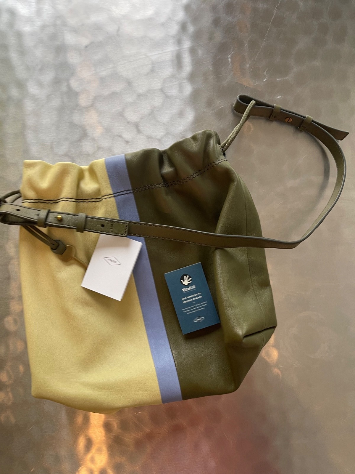 FOSSIL Long Vintage Olive green yellow tri color leather tote,handbag ...