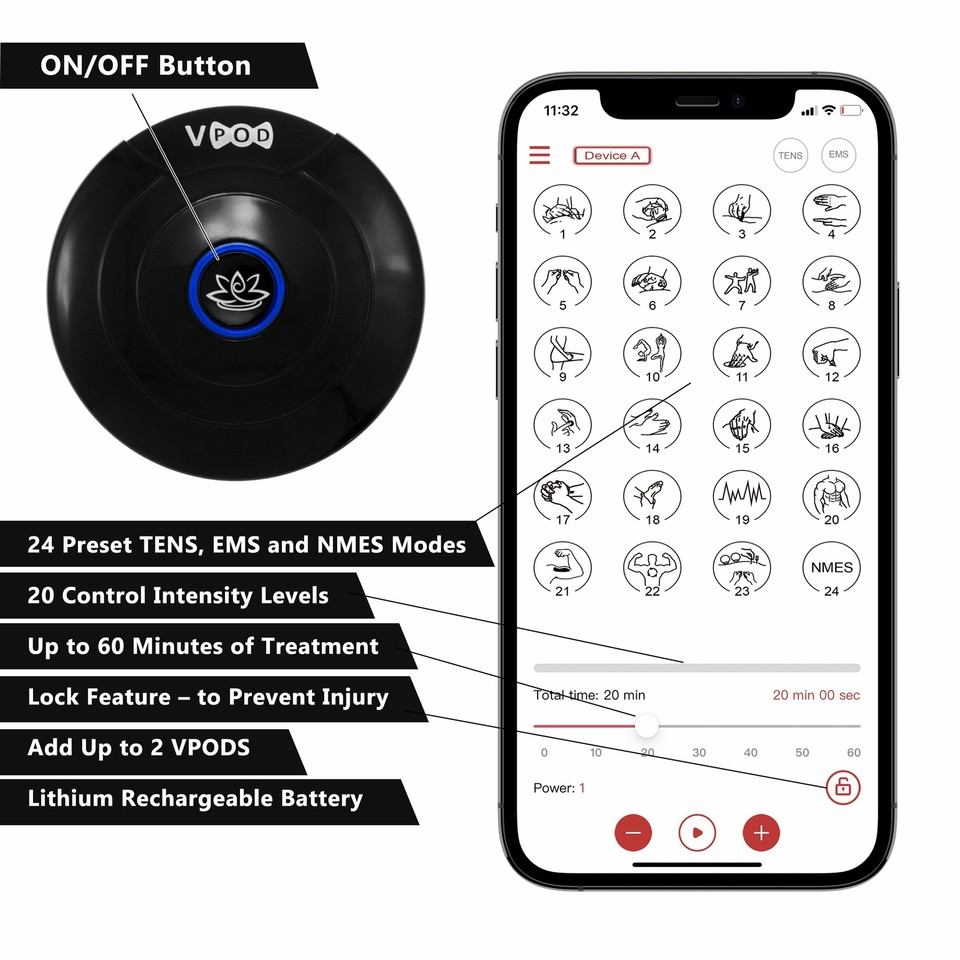 Wireless TENS, EMS & NMES Unit | 24 Functions | 20 intensity levels ...