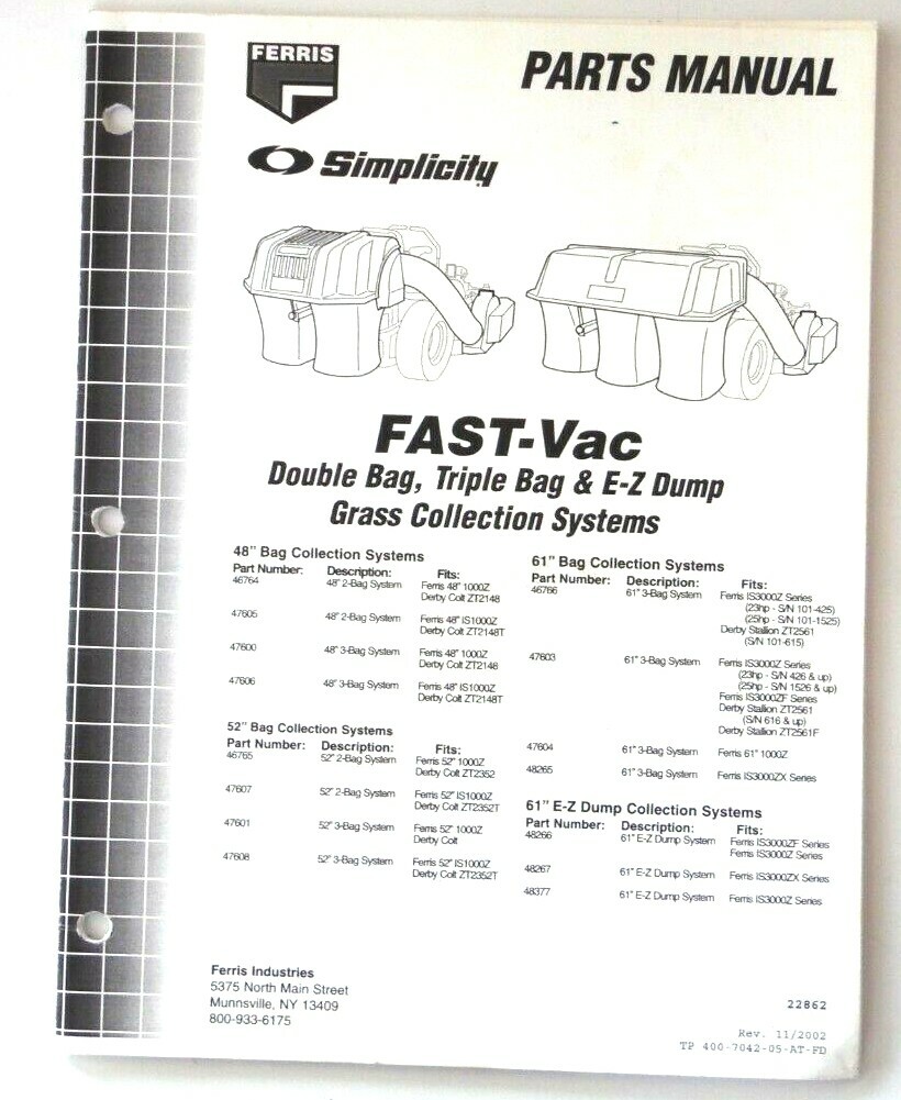 USED FERRIS SERIES PARTS MANUAL FAST VAC SIMPLICITY DOUBLE TRIPLE BAG E ...