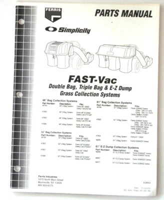 USED FERRIS SERIES PARTS MANUAL FAST VAC SIMPLICITY DOUBLE TRIPLE BAG E ...