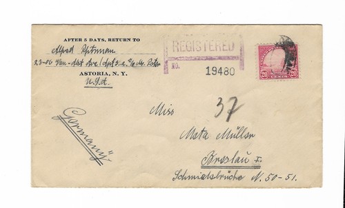 1930 NY -Germany Registered Cover New York Breslau Backstamps (Wroclaw ...