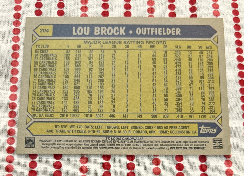 2022 Topps Archives Lou Brock Card #204 St. Louis Cardinals | eBay