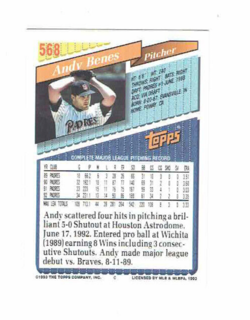 Andy Benes Padres Pitcher #568 Topps 1993 Baseball Card | eBay