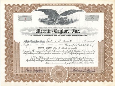 Merritt-Taylor, Inc. - Certificate number 1 - 1945 dated Stock ...