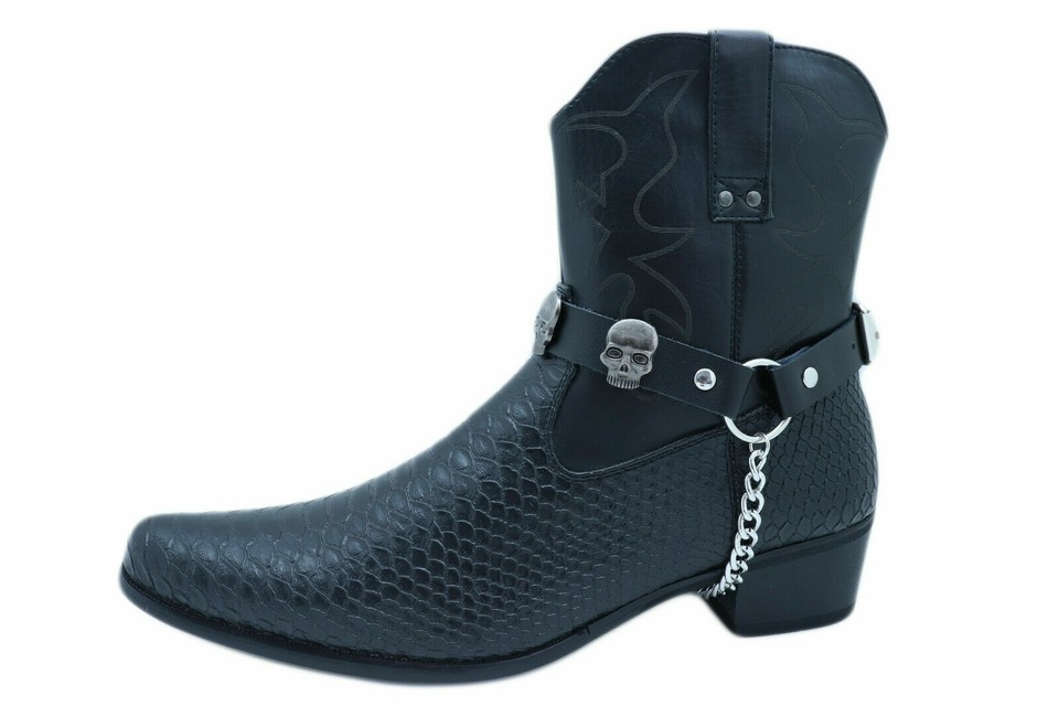 Biker Men Western Boot Silver Chains Faux Leather Straps Bracelet Skull ...