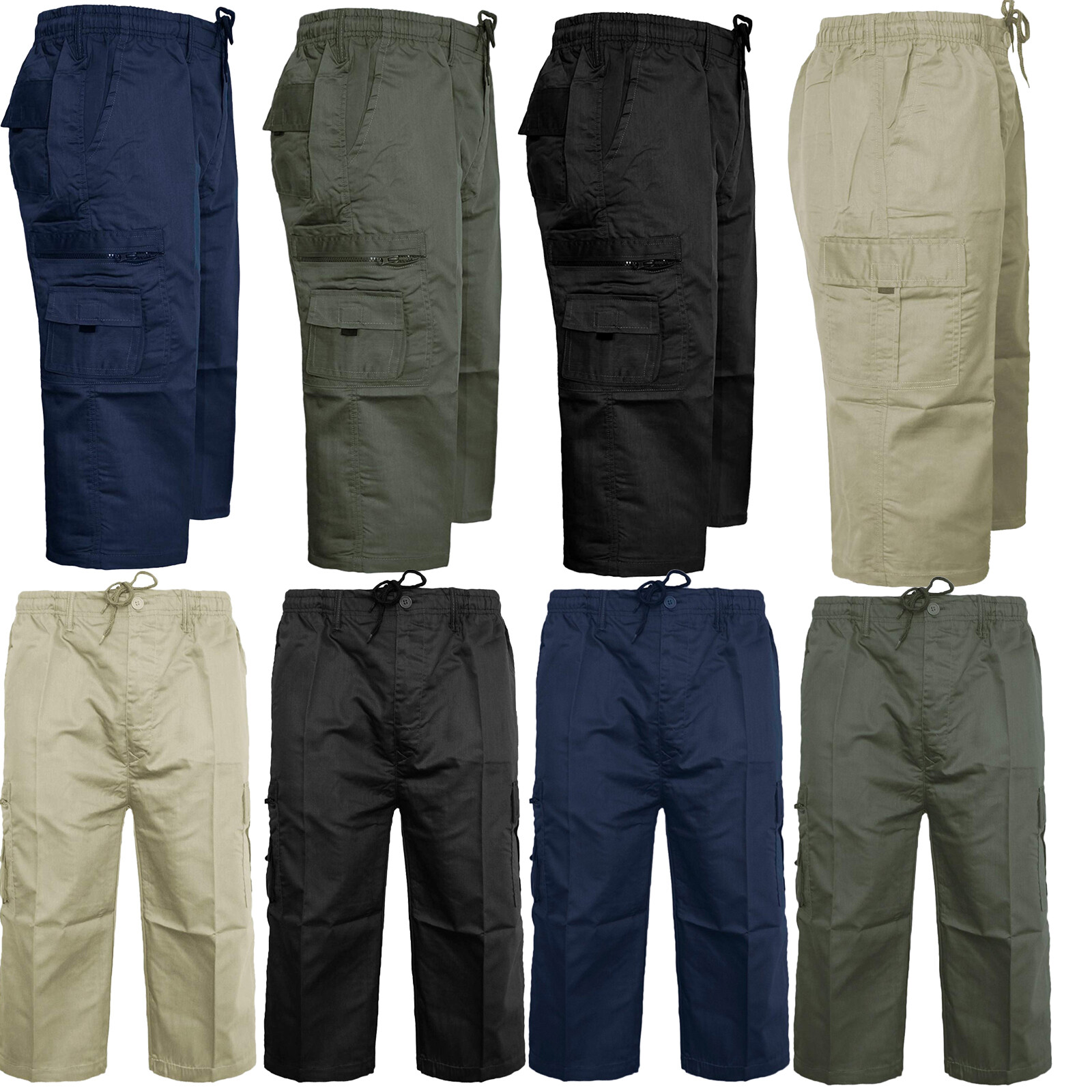 Mens 3/4 Shorts Elasticated Waist Cargo Combat Long Length Three ...