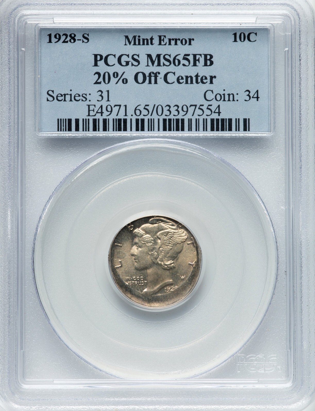 1928-S 10c Mercury Dime PCGS MS65FB Mint Error 20% Off Center Clean ...