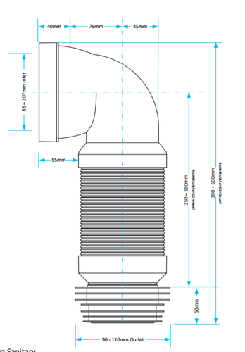 LONG FLEXIBLE WC PAN CONNECTOR 300mm 600mm ANGLED 90° FLEXI TOILET ...