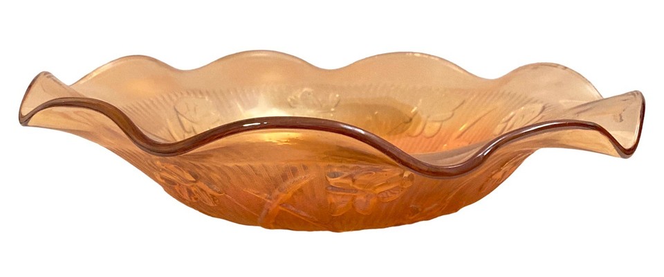 Jeanette Marigold Carnival Glass Bowl Iris and Herringbone Ruffled Edge ...
