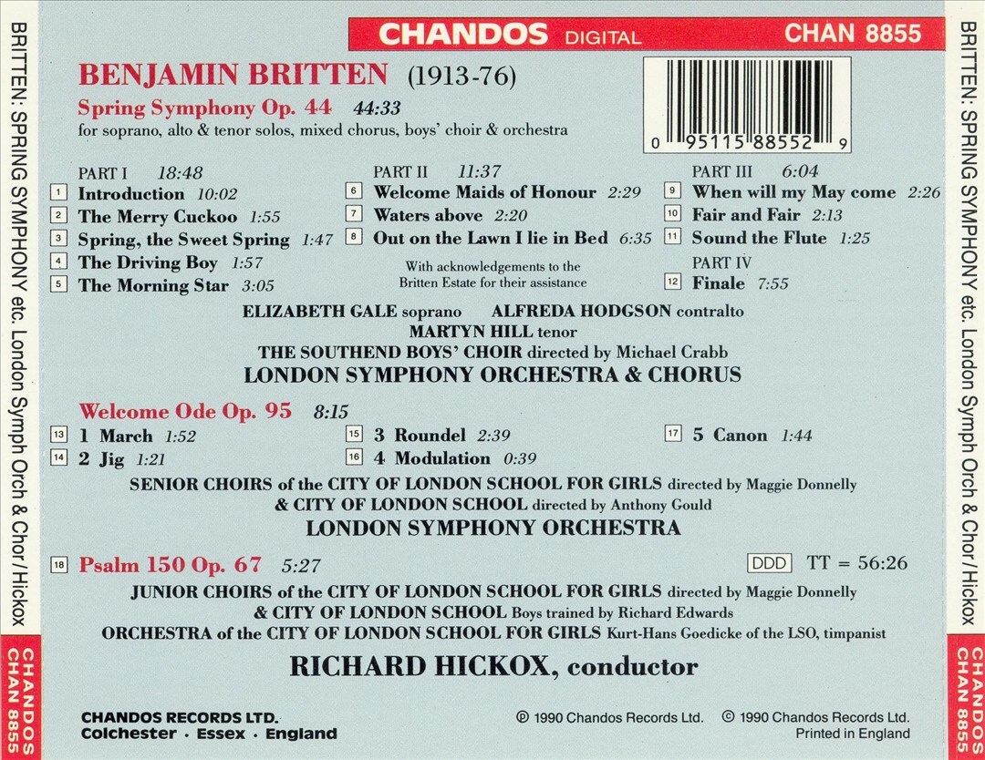 BENJAMIN BRITTEN: SPRING SYMPHONY; WELCOME ODE; PSALM 150 NEW CD ...