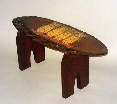 Vtg Folk Arts Crafts Carved Wood Burning Pyrography OWL Table BENCH Log ...