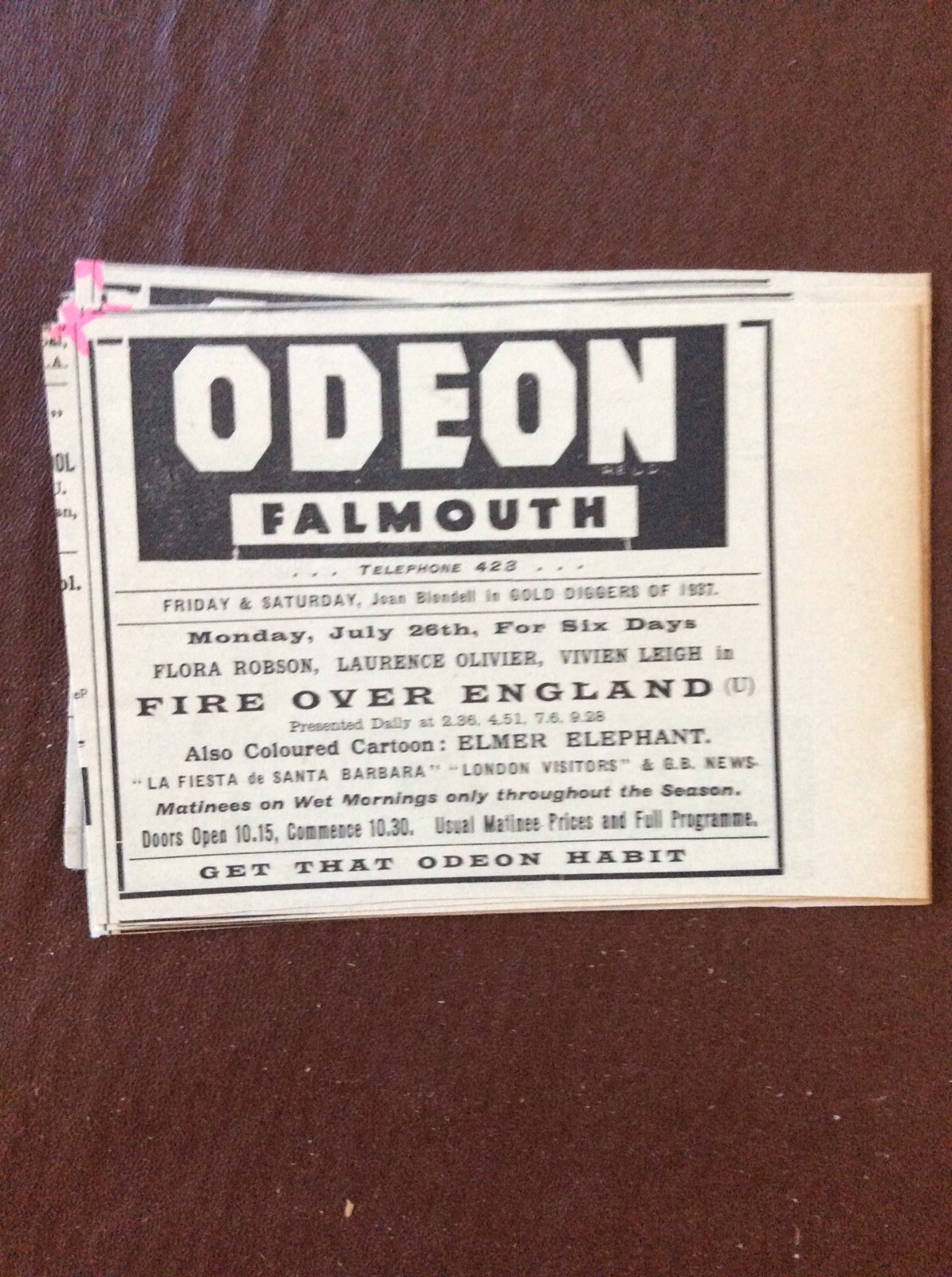 B9f Ephemera 1937 Advert Falmouth Odeon Elmer Elephant Vivien Leigh | eBay