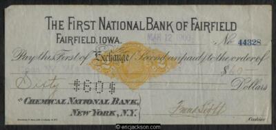 BANK CHECK RN-X7 Fairfield, Iowa. First National Bank of Fairfield | eBay
