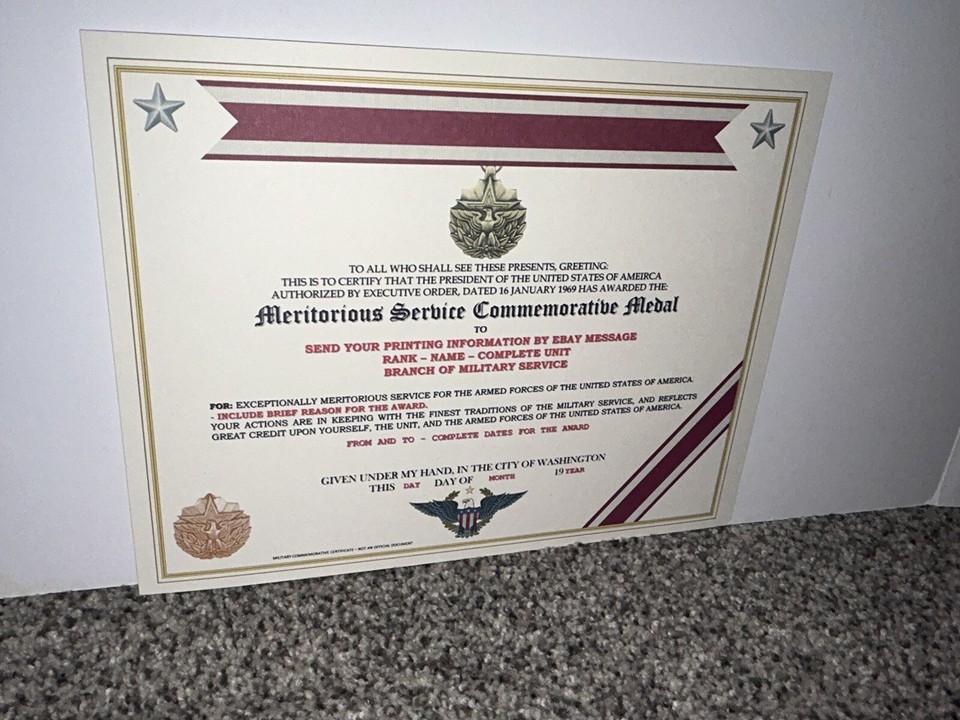 MERITORIOUS SERVICE MEDAL COMMEMORATIVE CERTIFICATE ~ W/PRINTING T-1 | eBay