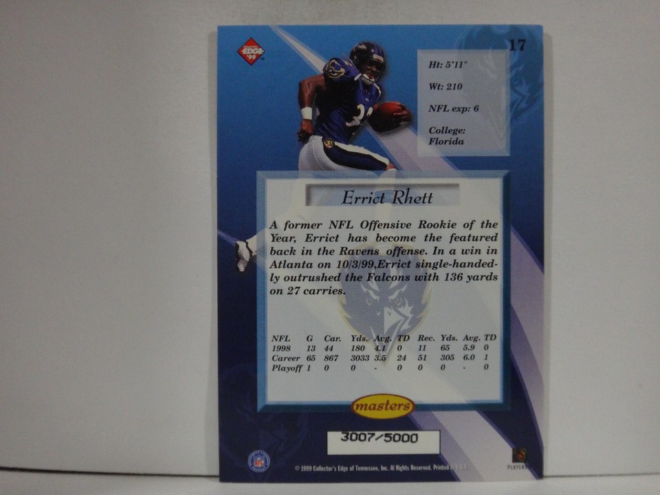 1999 Collector's Edge Masters Football Card #17 Errict Rhett | eBay