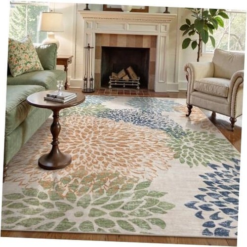 Dahlia Washable 8x10 Rug for Bedroom, Colorful Ultra Thin Floral Living ...