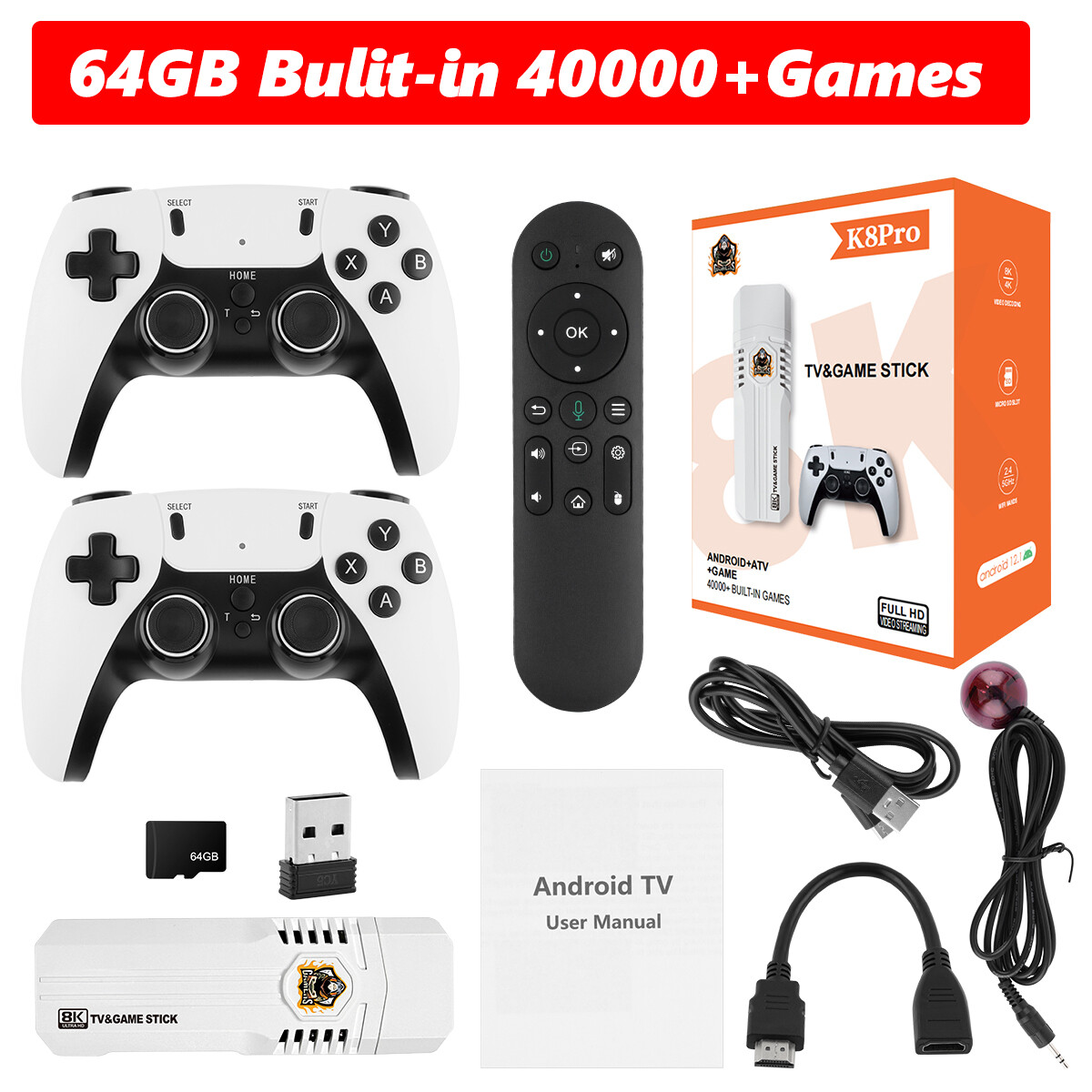 HDMI 8K TV Game Stick Console Built-in 64GB 40000+Retro Games+2 ...