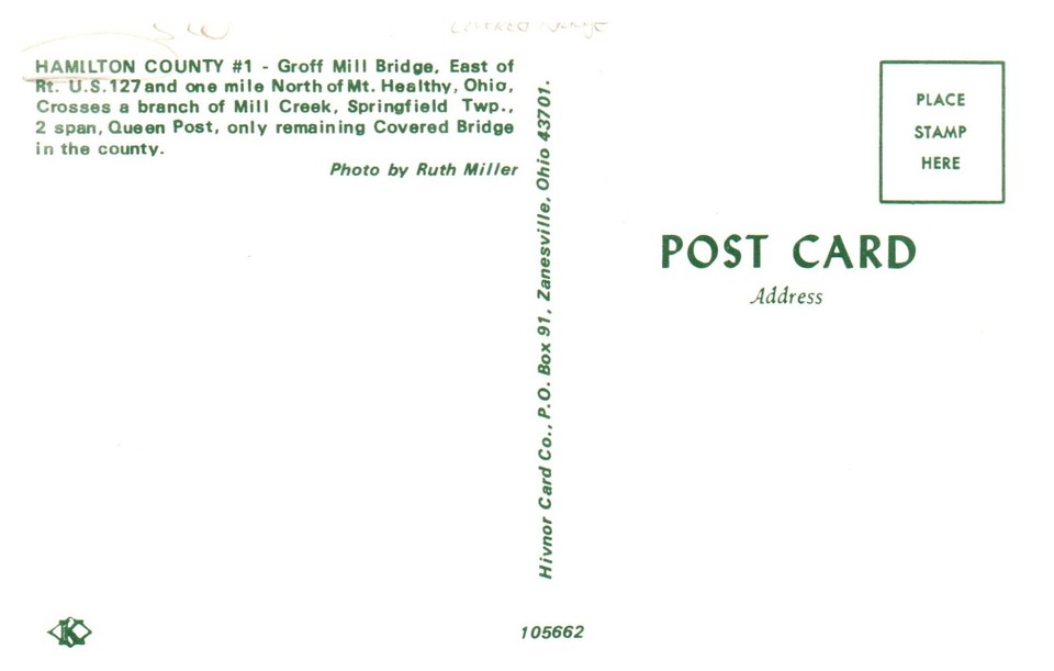 Postcard OH Groff Mill Covered Bridge Mill Creek Mt Healthy Winter Snow ...