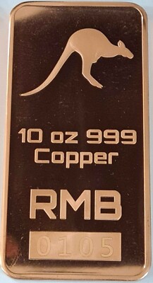 10 OZ 999 Fine Aust Pure Copper "Red Metal Bullion" Ingot, Kangaroo. 12 ...