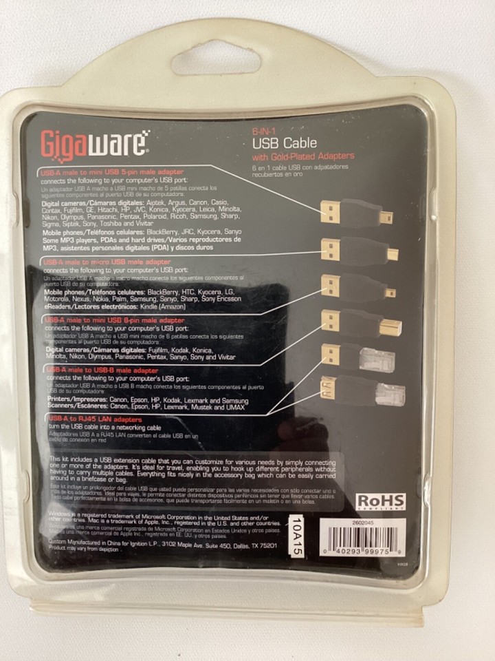GIGAWARE 6-IN-1 USB CABLE WITH GOLD PLATED ADAPTERS-PC-MAC-2602045 | eBay