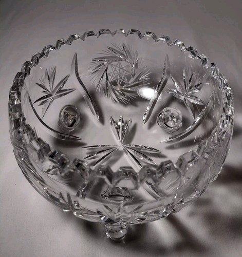 Vintage Sawtooth Lead Crystal Bowl Cut Glass 3-Footed Pinwheel Star ...