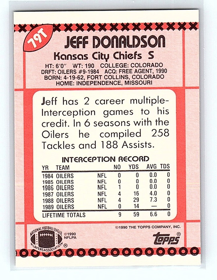 1990 Topps Jeff Donaldson Kansas City Chiefs #79T | eBay