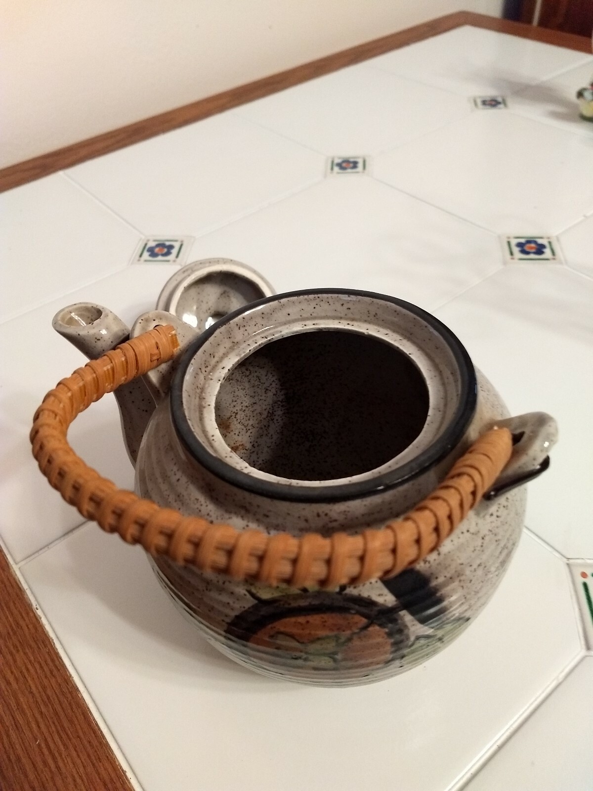Vintage Hand Crafted Teapot Stoneware Ceramic Wicker Rattan Handle ...