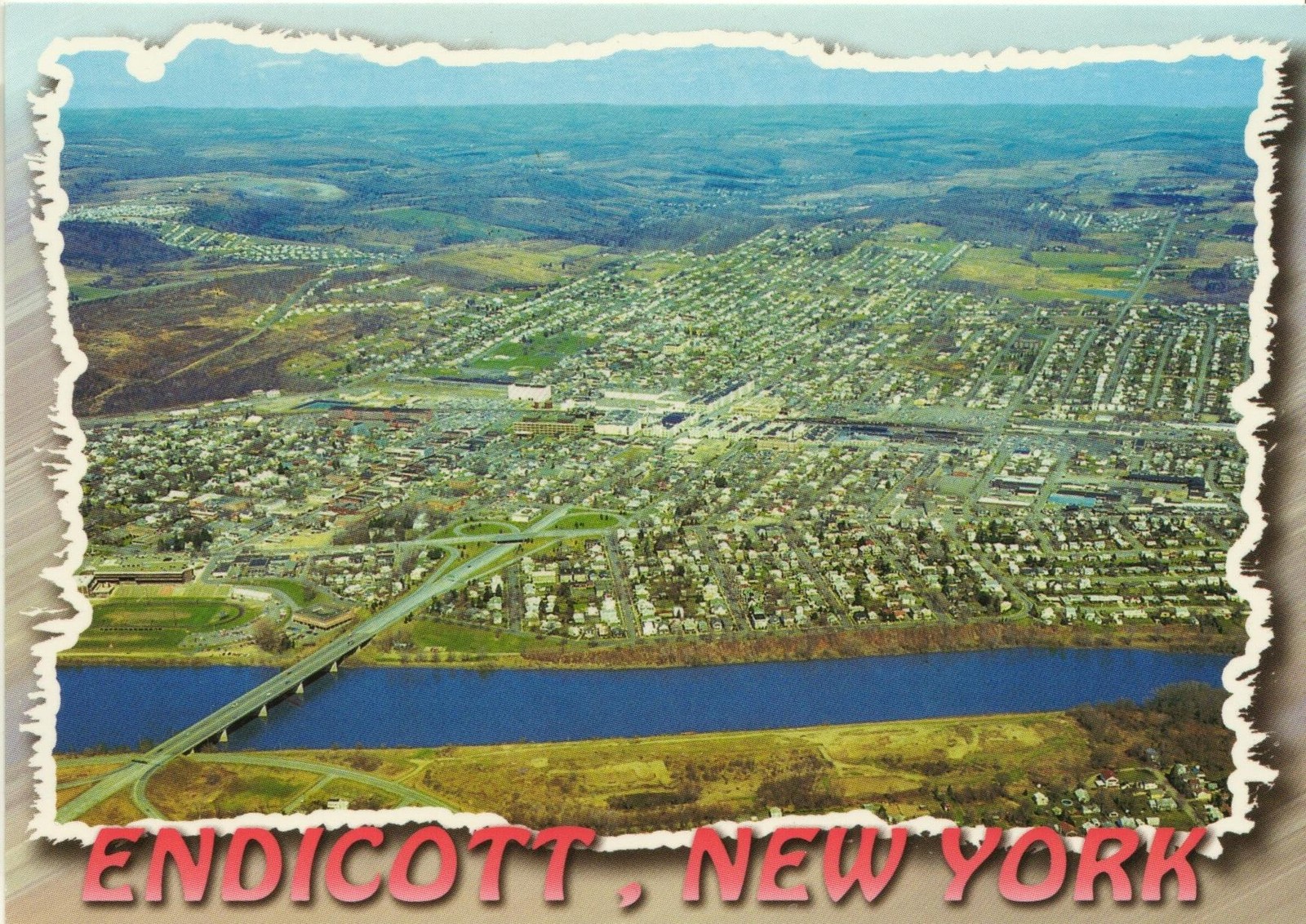 AERIAL VIEW of ENDICOTT, NEW YORK POSTCARD - TJ WATSON MEMORIAL BRIDGE ...