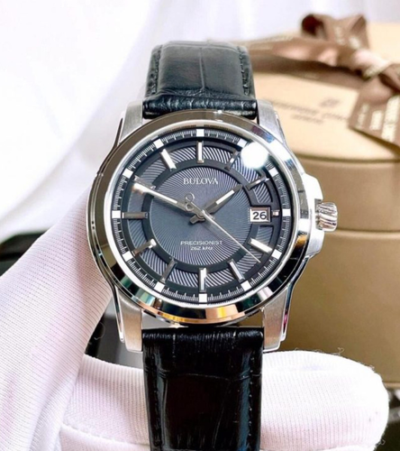 Bulova Precisionist Gray Dial Silver Tone Black Leather Band Men's ...