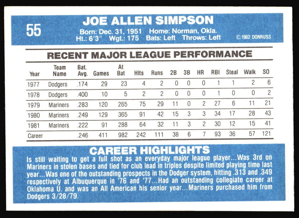 1982 Donruss Joe Simpson #55 Seattle Mariners | eBay