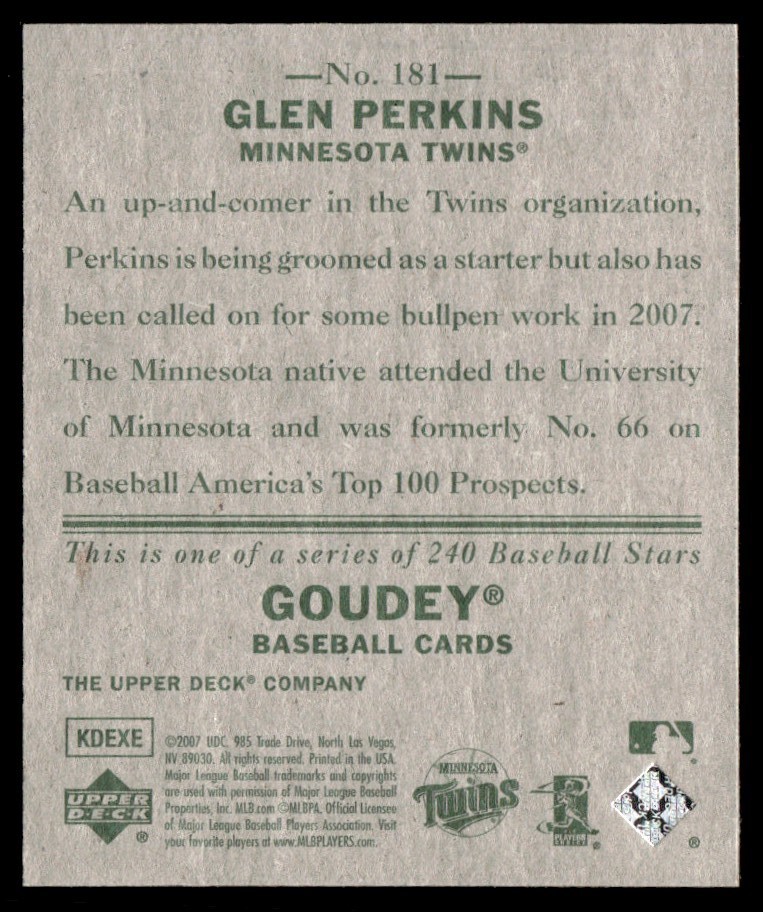 2007 Upper Deck Goudey Glen Perkins Minnesota Twins #181 | eBay