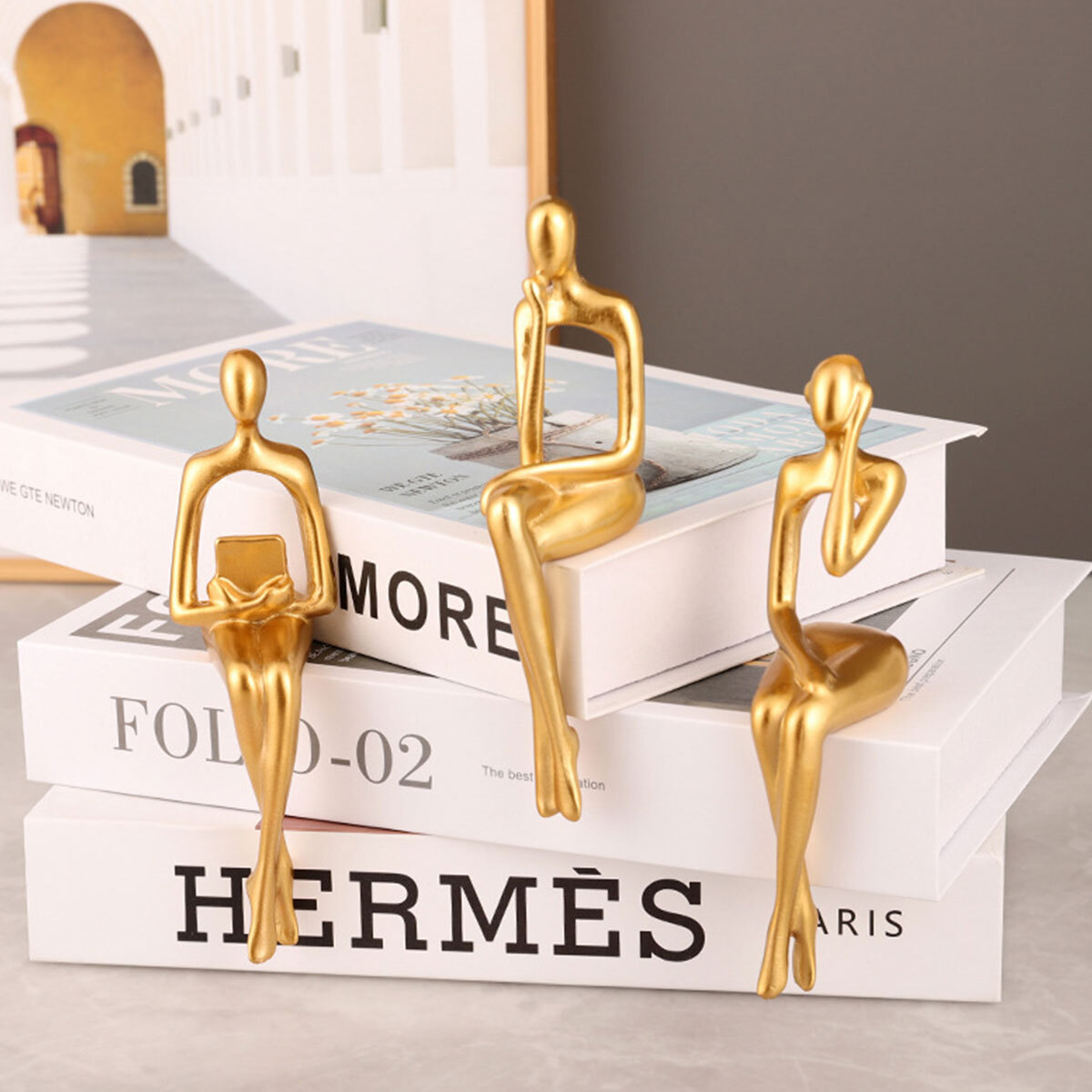 3Pcs Thinker Statue Gold Decor Abstract Art Gold Figurines Golden Resin ...