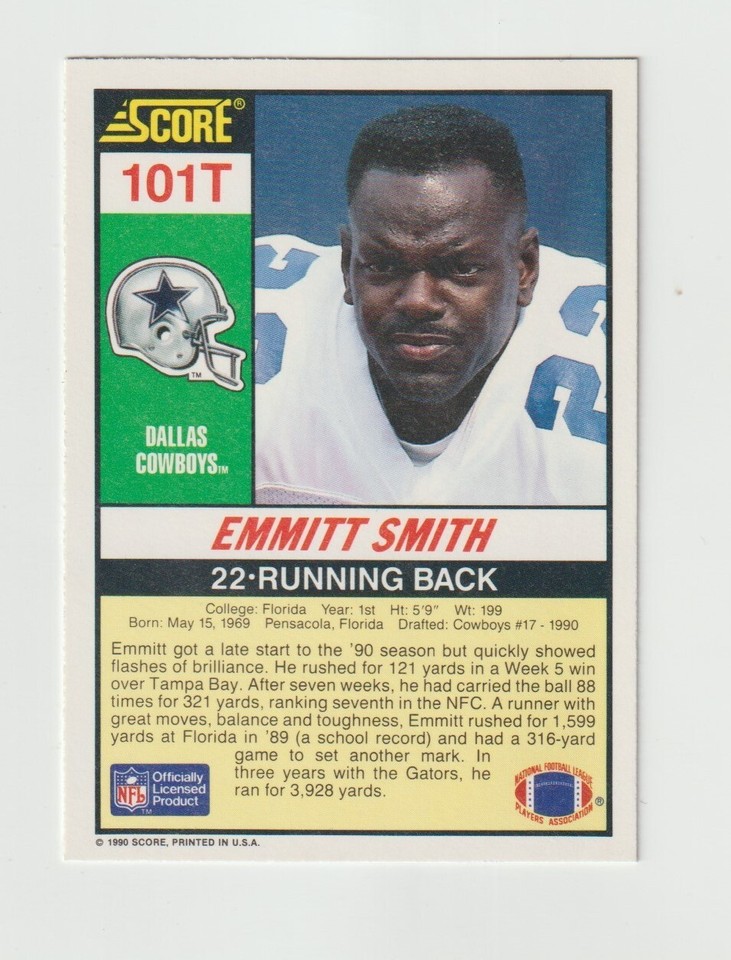 1990 Score Supplemental Emmitt Smith RC #101T Dallas Cowboys HOF NM to ...