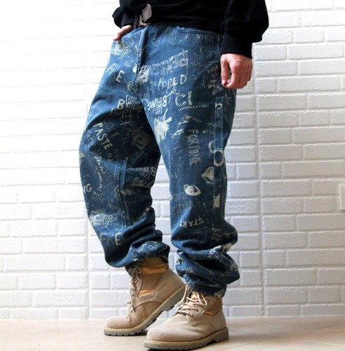 Men Blue Black Denim Letter Printed Straight Loose Fit Punk Jeans Pants ...