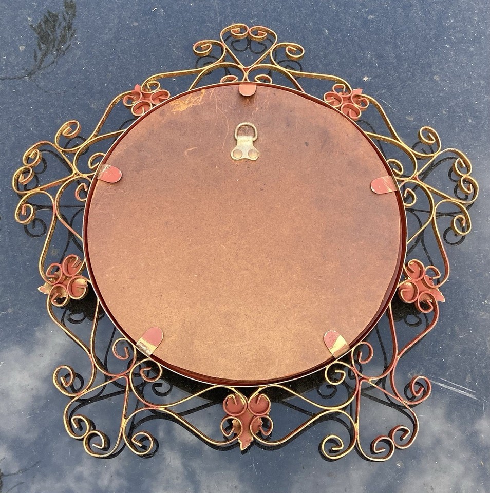 Vintage MID-CENTURY CONVEX WALL MIRROR gold tone ORNATE METAL SURROUND ...