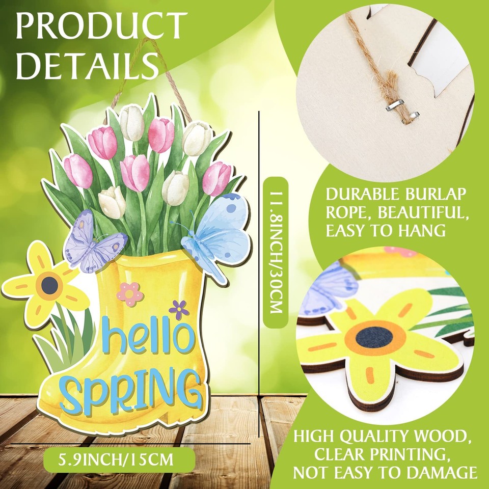 Hello Spring Door Sign Colorful Tulip Flowers Spring Decor Sign Hanging ...