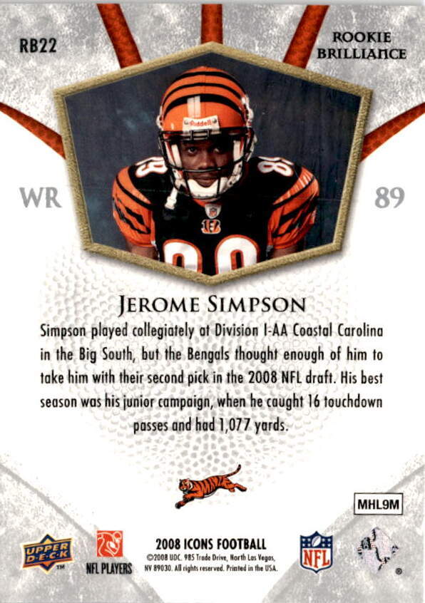 2008 Upper Deck Icons #RB22 Jerome Simpson /250 Rookie Brilliance Blue ...