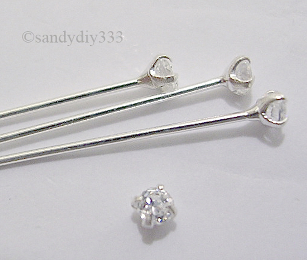 10x STERLING SILVER 24GA 0.5mm HEAD PIN CZ CRYSTAL STONE HEADPIN 35mm ...