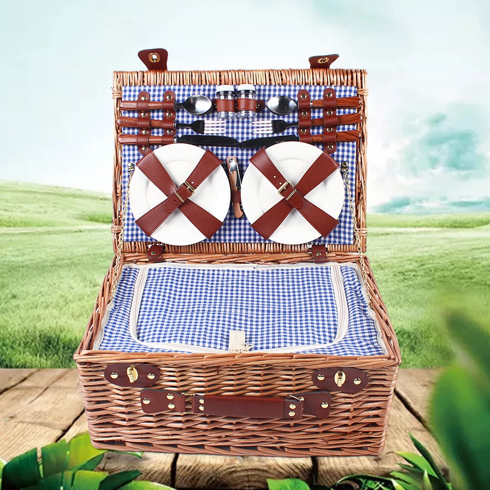 Vintage Wicker Picnic Basket with Latch & 19 Piece Colorful Picnic Ware ...