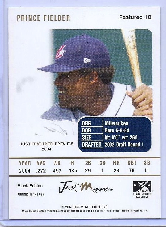 PRINCE FIELDER "41 CARD LOT" 2004 BLACK EDITION ROOKIE CARD #10 ...